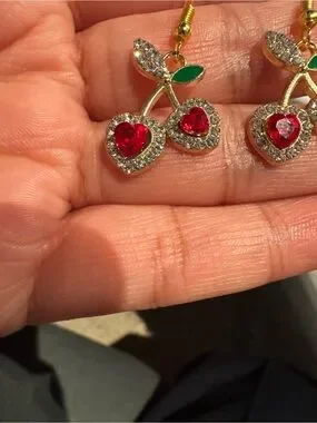 Jewelry | Red Heart Cherry Drop Earrings With Green Leaf Accents | Poshmark